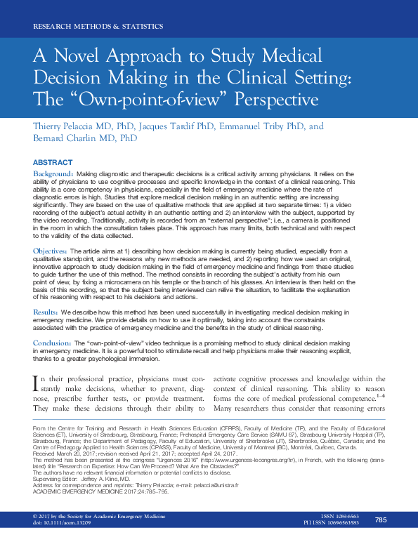 (PDF) A Novel Approach to Study Medical Decision Making in the Clinical ...