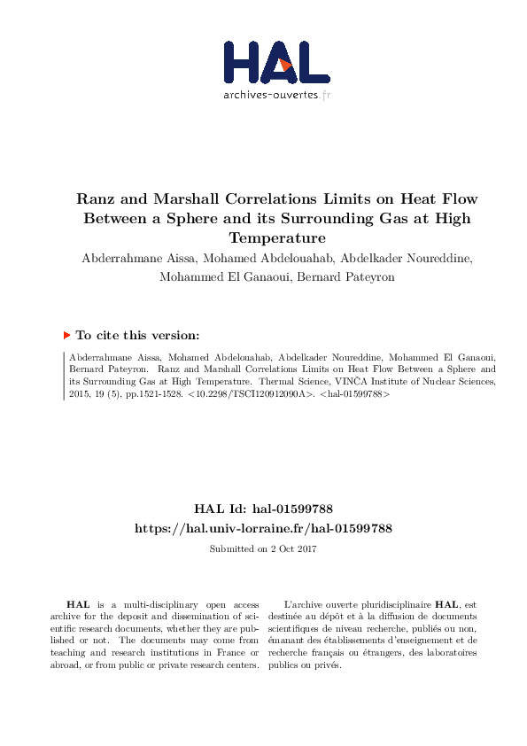 (PDF) Ranz & Marshall correlations limits on heat flow between a sphere ...