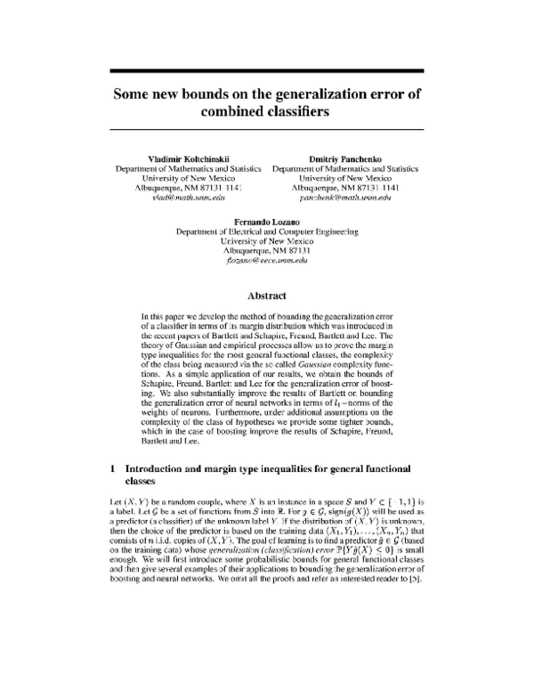 (PDF) Some New Bounds on the Generalization Error of Combined Classifiers | Fernando Lozano ...