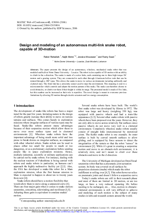 (PDF) Design and modeling of an autonomous multi-link snake robot ...