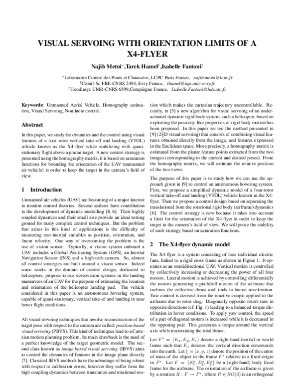 (PDF) Visual servoing with orientation limits of a X4-flyer