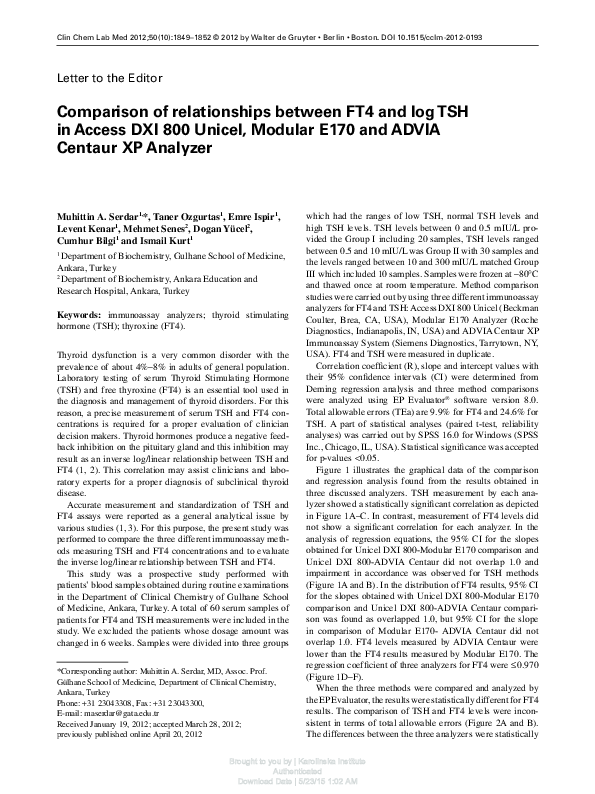 (PDF) Comparison of relationships between FT4 and log TSH in Access DXI ...