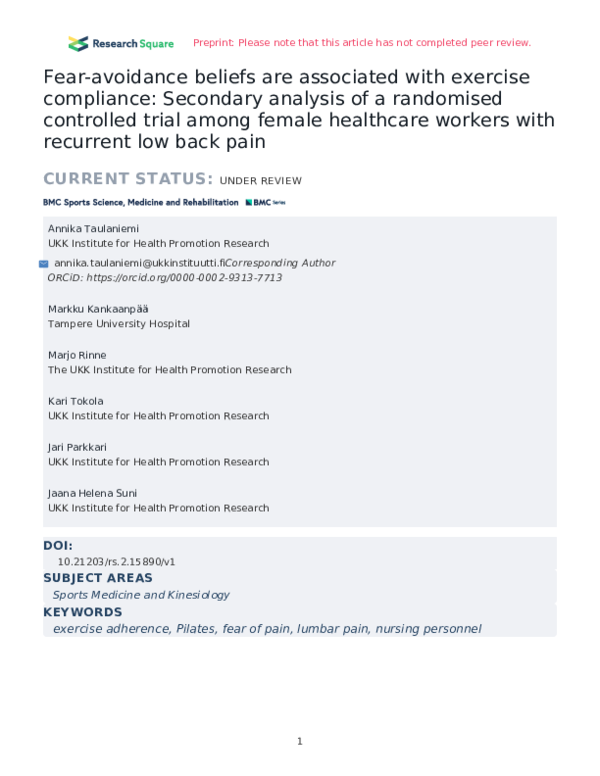 (PDF) Fear-avoidance beliefs are associated with exercise compliance ...