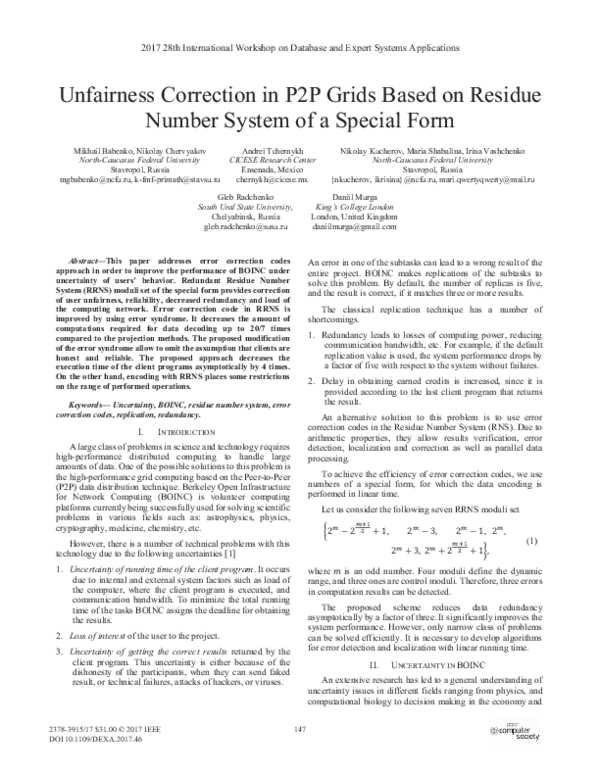 (PDF) Unfairness Correction in P2P Grids Based on Residue Number System of a Special Form