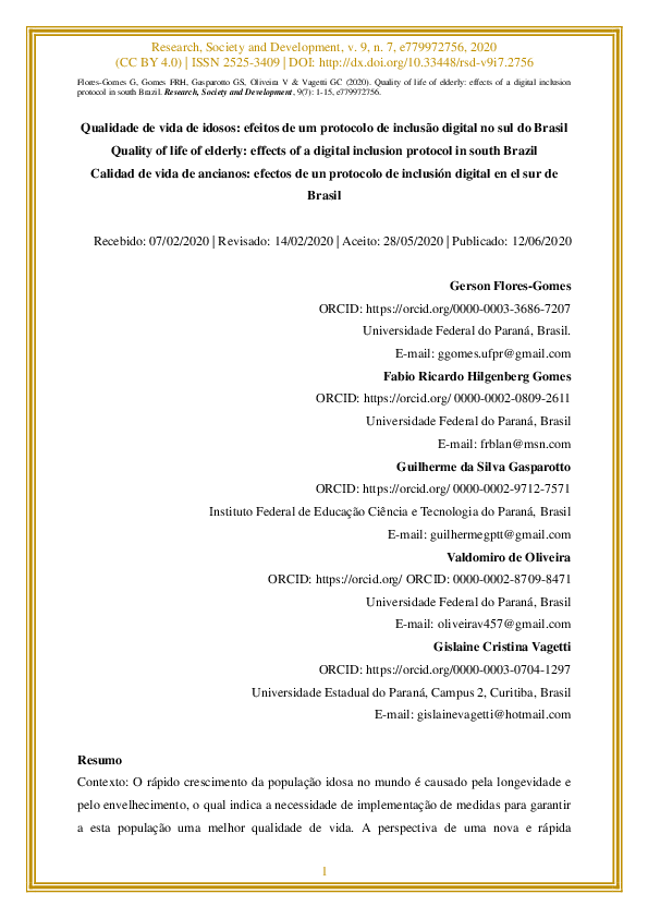(PDF) Gerson Qualidade de vida de idosos efeitos de um protocolo de inclusao digital no sul do ...