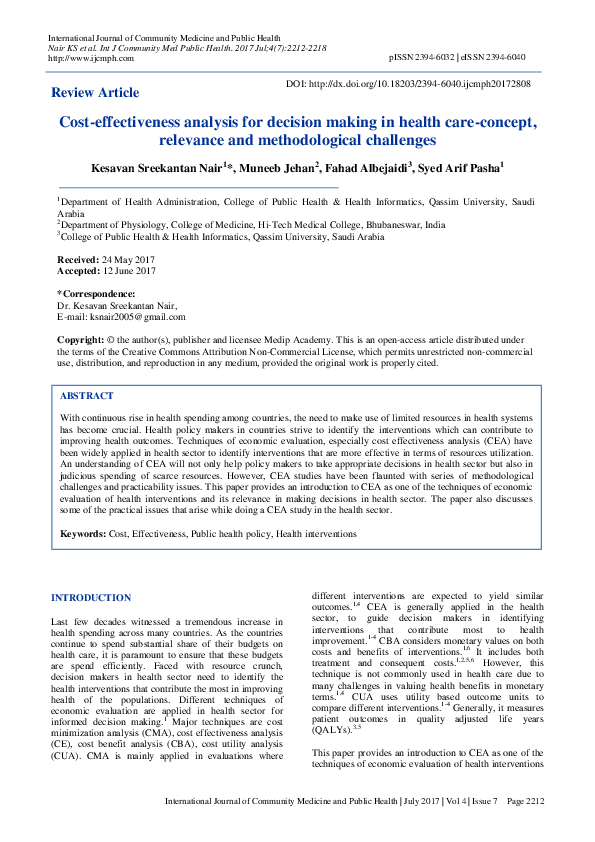 (PDF) Cost-effectiveness analysis for decision making in health care ...