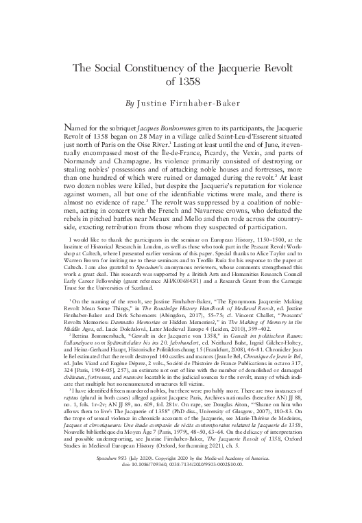 (PDF) The Social Constituency of the Jacquerie Revolt of 1358
