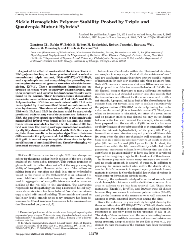 (PDF) Sickle Hemoglobin Polymer Stability Probed by Triple and ...