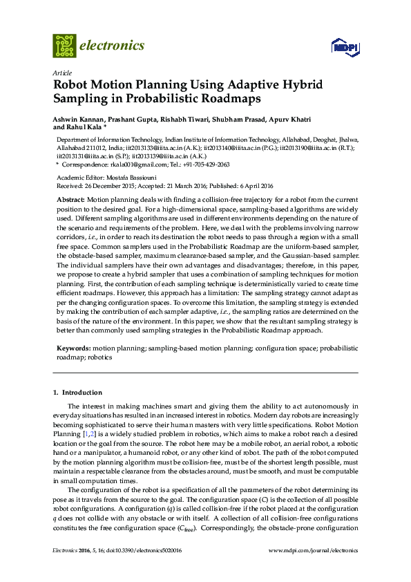 (PDF) Robot Motion Planning Using Adaptive Hybrid Sampling in Probabilistic Roadmaps