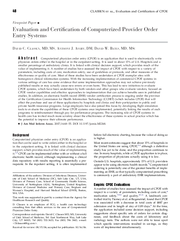 (PDF) Evaluation and Certification of Computerized Provider Order Entry ...