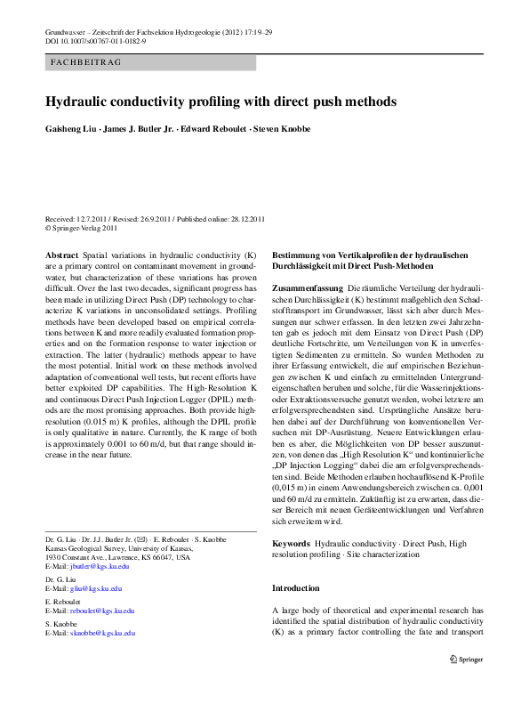 (PDF) Hydraulic conductivity profiling with direct push methods