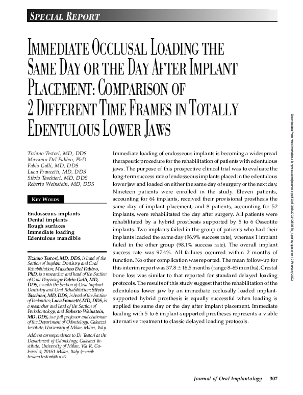(PDF) Immediate Occlusal Loading the Same Day or the Day After Implant ...