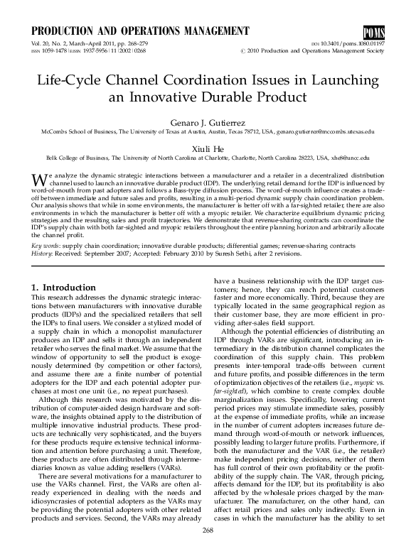 (PDF) Life-Cycle Channel Coordination Issues in Launching an Innovative ...