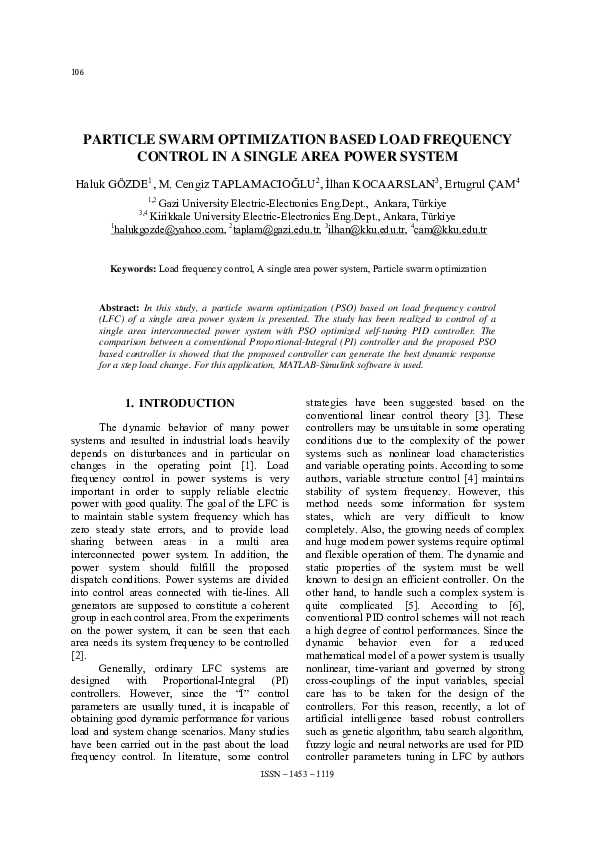 Pdf Particle Swarm Optimization Based Load Frequency Control In A Single Area Power System