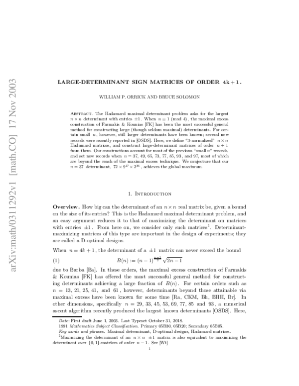 Pdf Large Determinant Sign Matrices Of Order Bruce Solomon 