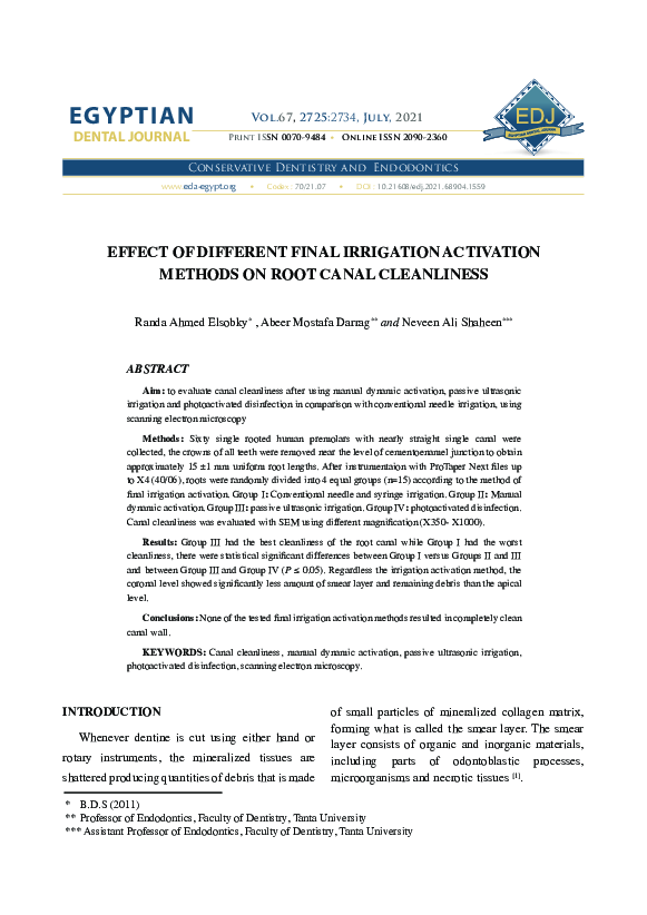 Pdf Effect Of Different Final Irrigation Activation Methods On Root