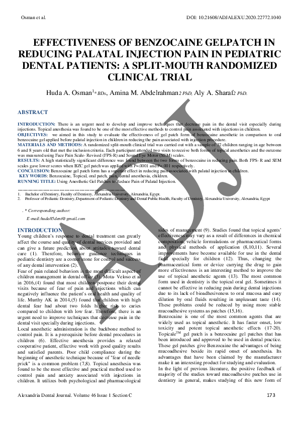(PDF) Effectiveness of Benzocaine Gelpatch in Reducing Palatal ...