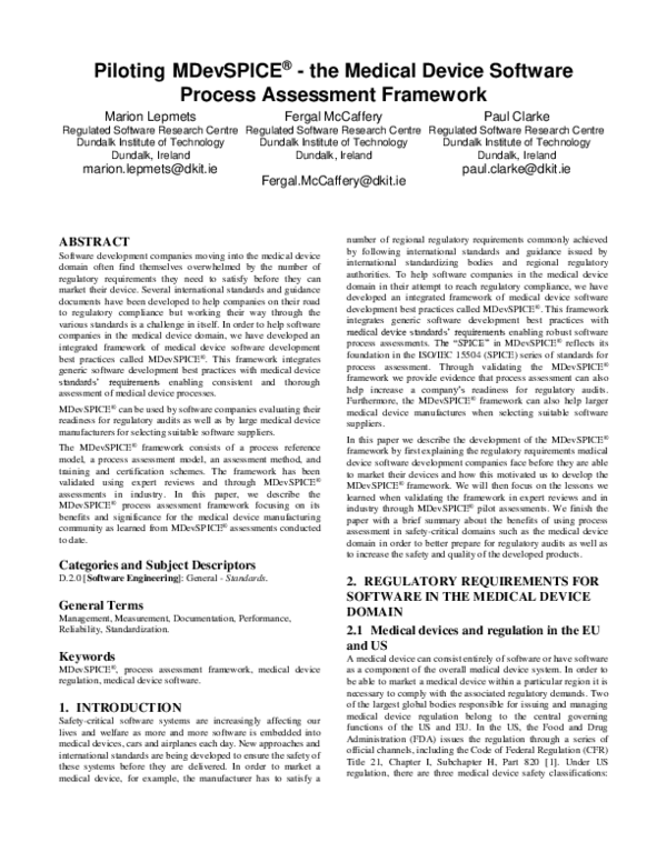 (PDF) Piloting MDevSPICE: the medical device software process assessment framework