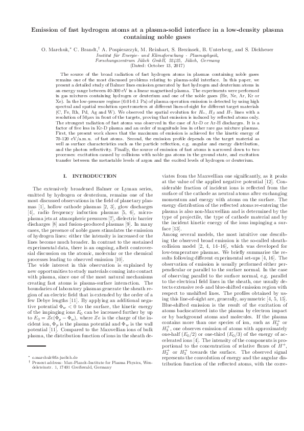 (PDF) Emission of fast hydrogen atoms at a plasma–solid interface in a ...