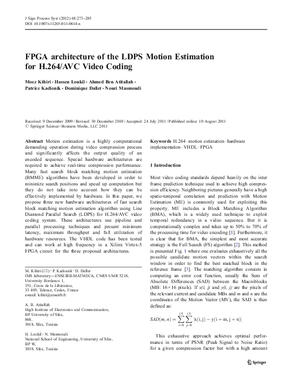 Pdf Fpga Architecture Of The Ldps Motion Estimation For H264avc Video Coding Moez Kthiri