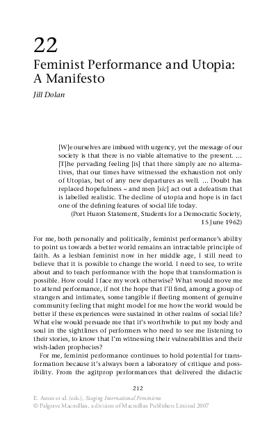 (PDF) Feminist Performance and Utopia: A Manifesto | Jill Dolan ...
