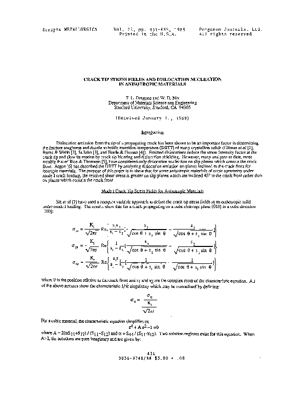 (PDF) Crack tip stress fields and dislocation nucleation in anisotropic materials