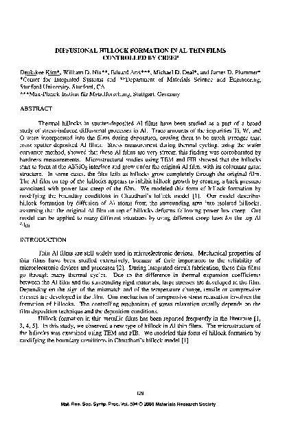 (PDF) Diffusional Hillock Formation in Al Thin Films Controlled by Creep