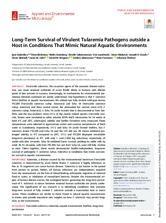 (PDF) Survival of Virulent Tularemia Pathogens in Aquatic Environments