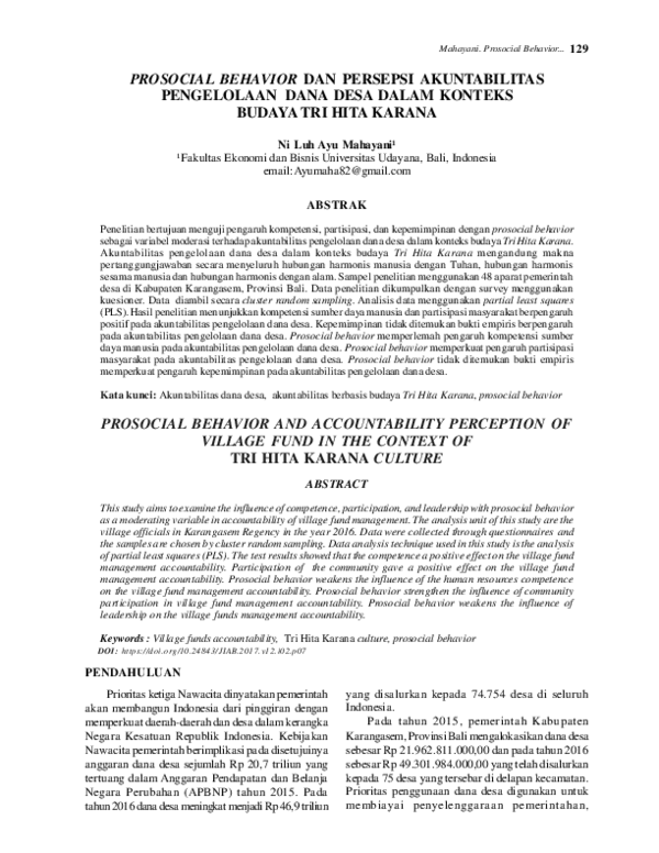 (PDF) Prosocial Behavior Dan Persepsi Akuntabilitas Pengelolaan Dana Desa Dalam Konteks Budaya ...
