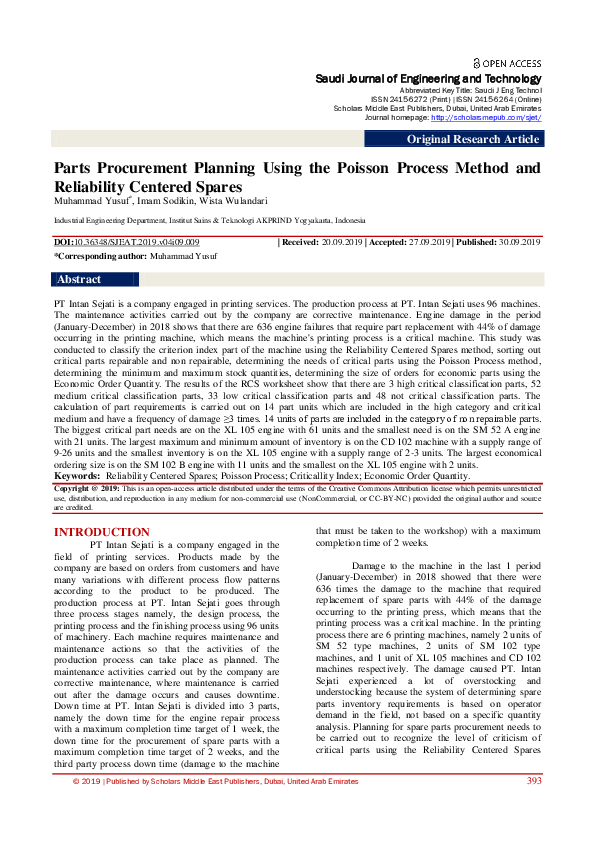 (PDF) Parts Procurement Planning Using the Poisson Process Method and Reliability Centered Spares