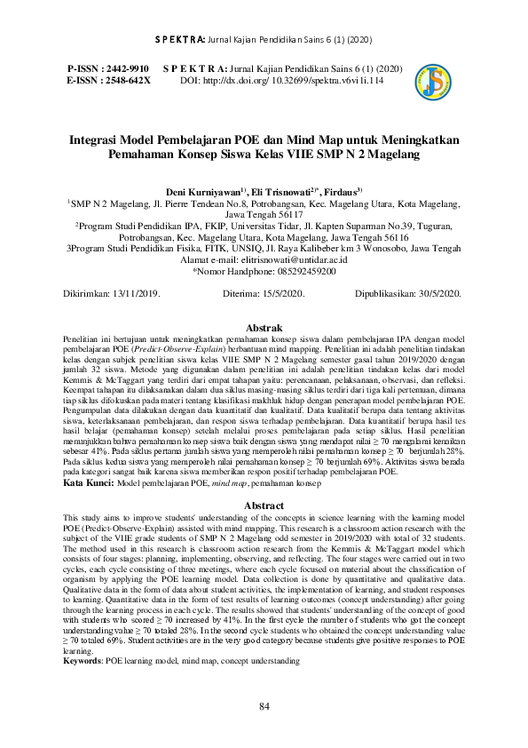 (PDF) Integrasi Model Pembelajaran POE dan Mind Map untuk Meningkatkan Pemahaman Konsep Siswa ...