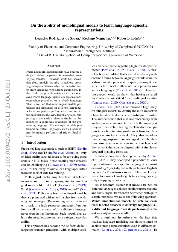 (PDF) On the ability of monolingual models to learn language-agnostic representations