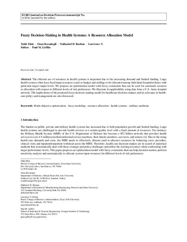 (PDF) Fuzzy decision making in health systems: a resource allocation model
