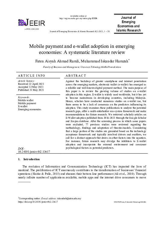 (PDF) Mobile payment and e-wallet adoption in emerging economies: A systematic literature review