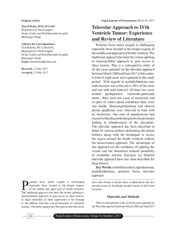 (PDF) Telovelar Approach to IVth Ventricle Tumor: Experience and Review ...