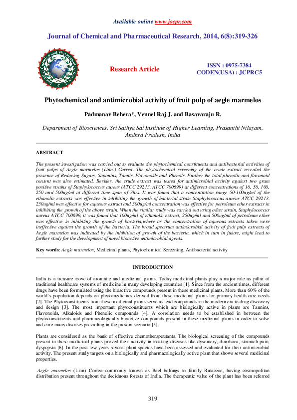 (PDF) Phytochemical and antimicrobial activity of fruit pulp of aegle marmelos