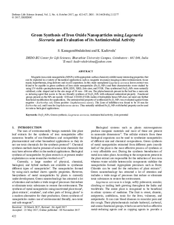(PDF) Green synthesis of Iron oxide nanoparticles using Lagenaria siceraria and evaluation of ...