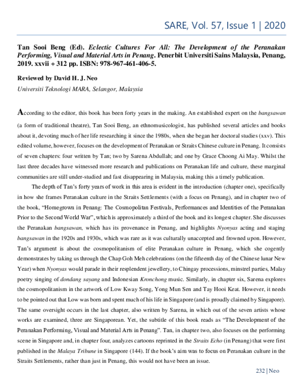 (PDF) Review: Tan Sooi Beng (Ed), Eclectic Cultures For All: The ...