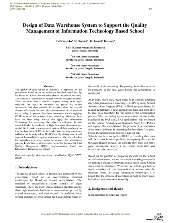 (PDF) Design of Data Warehouse System to Support the Quality Management ...