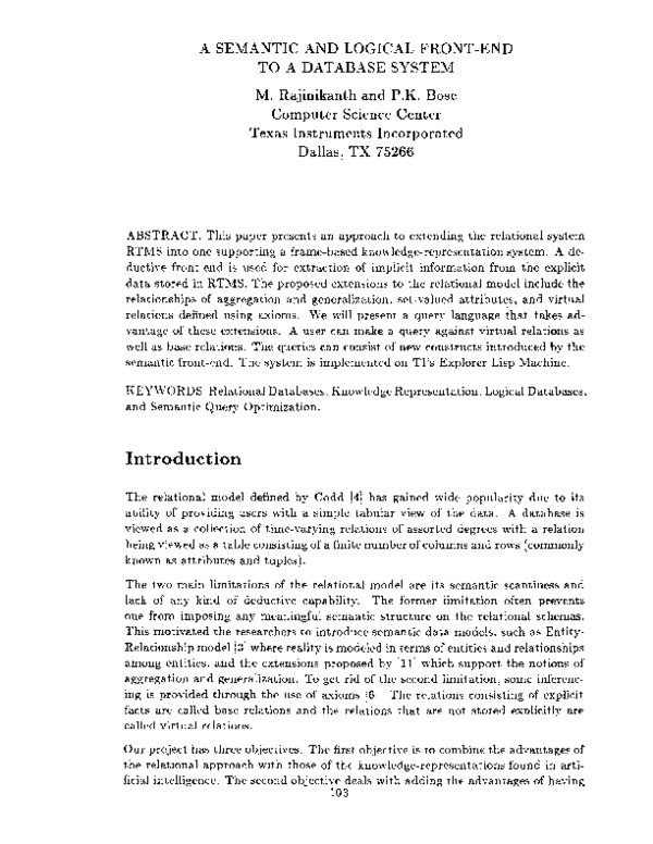 (PDF) A semantic and logical front-end to a database system