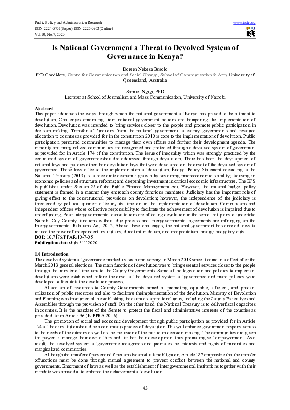 (PDF) Is National Government a Threat to Devolved System of Governance ...