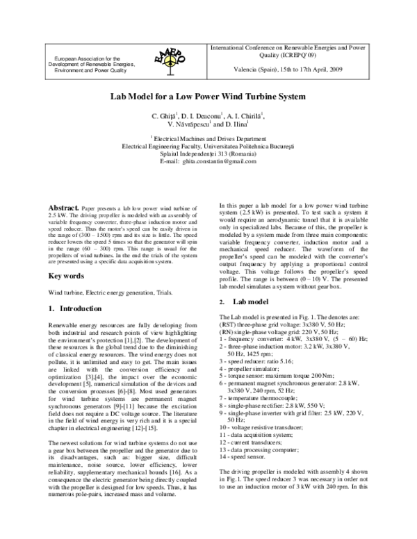 (PDF) Lab model for a low power wind turbine system