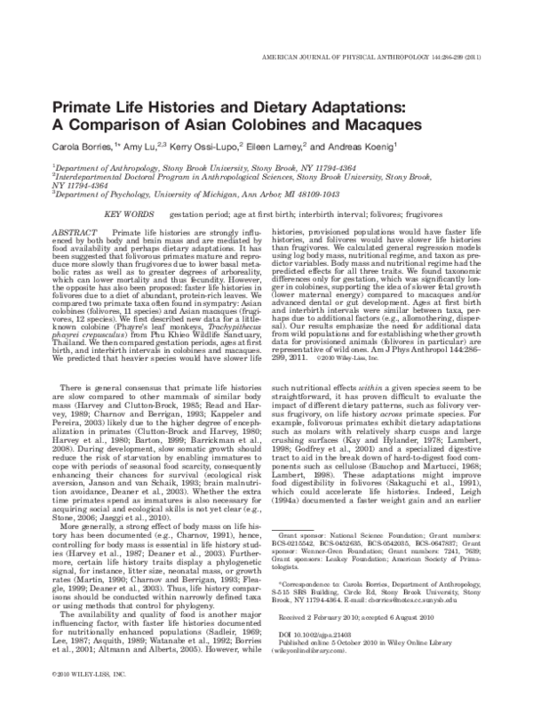 (PDF) Primate life histories and dietary adaptations: A comparison of ...