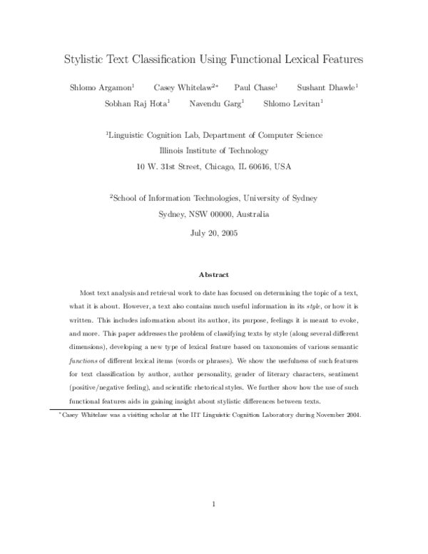(PDF) Stylistic text classification using functional lexical features