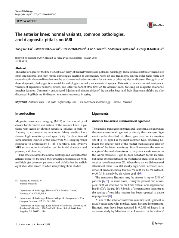 (PDF) The anterior knee: normal variants, common pathologies, and ...