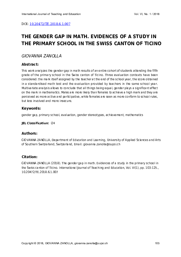 (PDF) The origins of the gender gap in math. Evidences of a study in ...