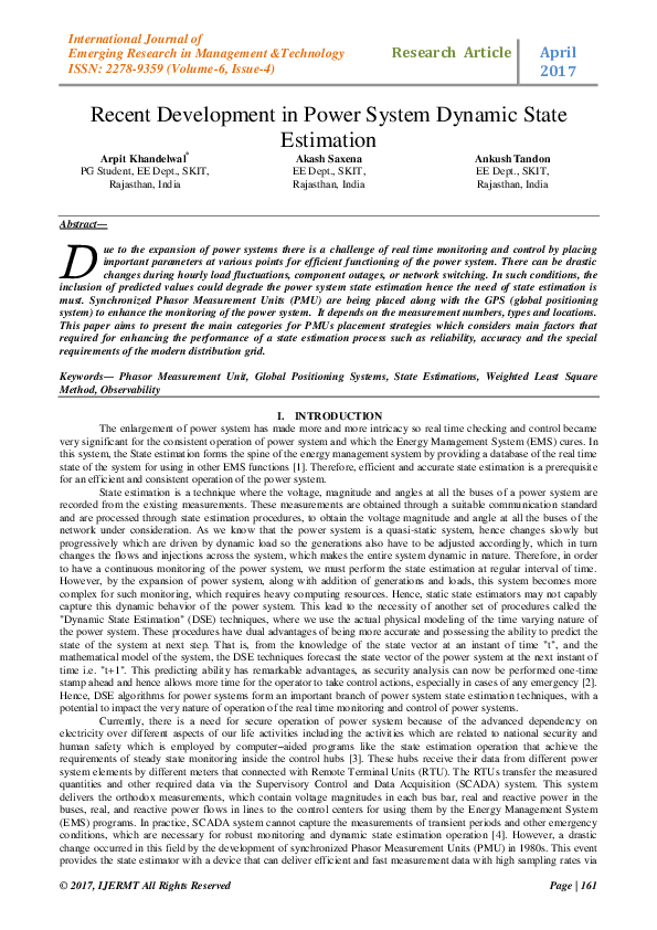 Pdf Recent Development In Power System Dynamic State Estimation
