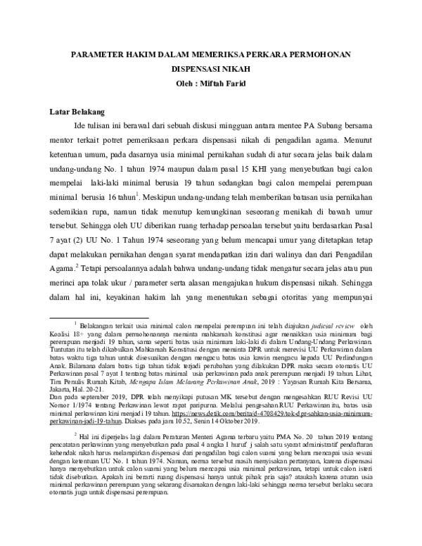 (PDF) PARAMETER HAKIM DALAM MEMERIKSA PERKARA PERMOHONAN DISPENSASI NIKAH Oleh : Miftah Farid ...