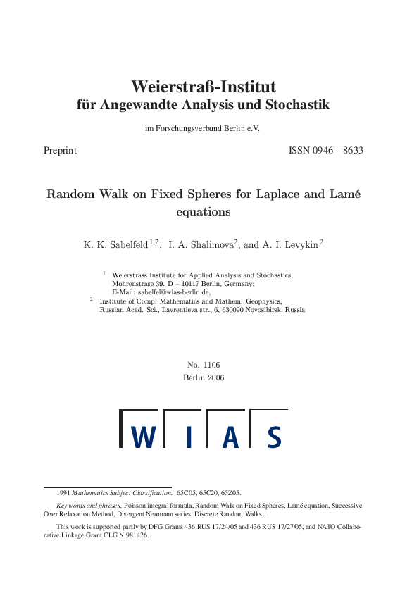 (PDF) Random Walk on Fixed Spheres for Laplace and Lamé equations