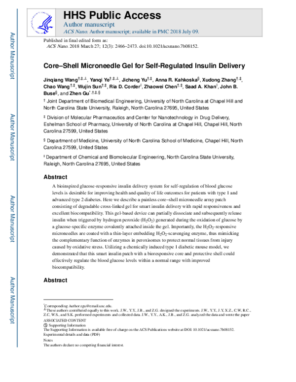 (PDF) Core-Shell Microneedle Gel for Self-Regulated Insulin Delivery